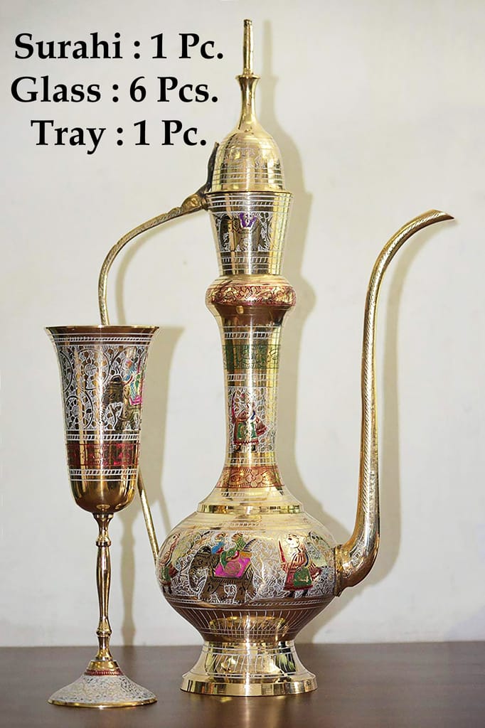 Brass Showpiece Surahi Set With 6 Wine Glasses (F175 G)
